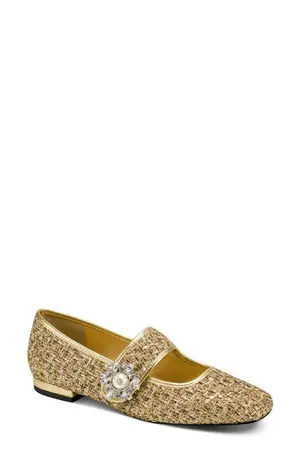 Karl Lagerfeld Paris Isabelle Mary Jane Ballet Flat With Embellished Tweed - Gold