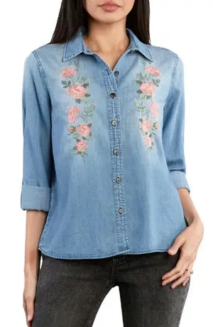 BILLY T Rose Embroidered Denim Shirt - Washed Denim