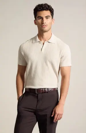 Nordstrom Short Sleeve Ribbed Cotton & Cashmere Polo Sweater - Ivory Sand Heather