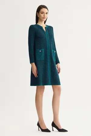 Ming Wang Split V Neck Jacquard Knit Dress
