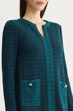 Ming Wang Split V Neck Jacquard Knit Dress