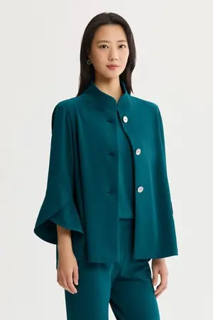 Ming Wang Button Front Bell Sleeve Deco Crepe Jacket
