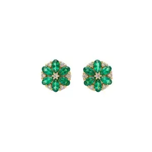 QIRAT FINE JEWELRY Pear Emerald & Round Diamond Floral Stud Earrings