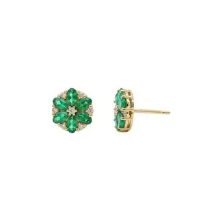 QIRAT FINE JEWELRY Pear Emerald & Round Diamond Floral Stud Earrings