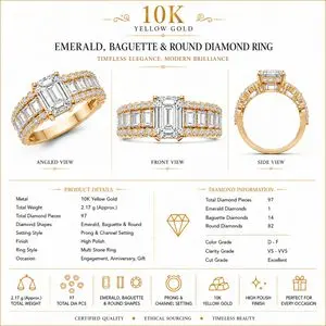 AYA FINE JEWELRY 10k Gold Emerald, Baguette, And Round Diamond Ring - Yellow