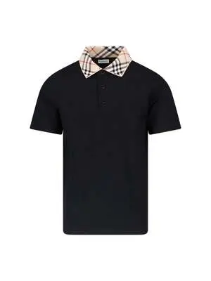 Burberry Short Sleeve Polo Shirt With Check Collar - Black