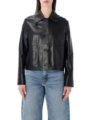 SWORD 6644 Cropped Leather Jacket With Classic Collar - Black
