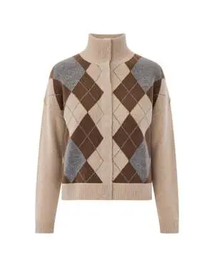 Max Mara Argyle Knit Turtleneck Cardigan - Ecru