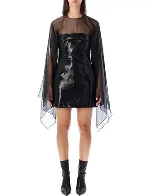 Alberta Ferretti Sequin Mini Dress With Sheer Chiffon Cape - Nero