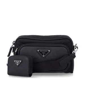 Prada Mini Nylon And Leather Shoulder Bag With Detachable Pouch - Nero