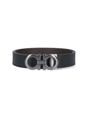 FERRAGAMO Leather Belt With Interlocking Buckle - Black