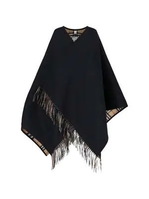 Burberry Fringed Wool Blend Cape Poncho - Black
