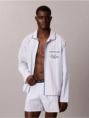 Calvin Klein Cotton Poplin Script Button-down Sleep Shirt - Crest Stripe