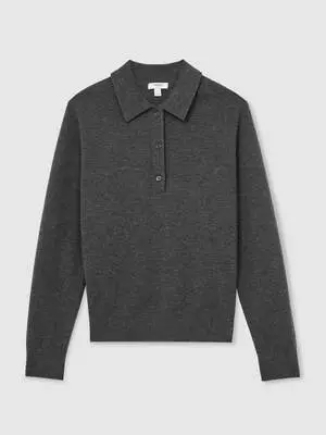 REISS Brooke Merino Wool Knitted Polo Jumper - Grey Marl