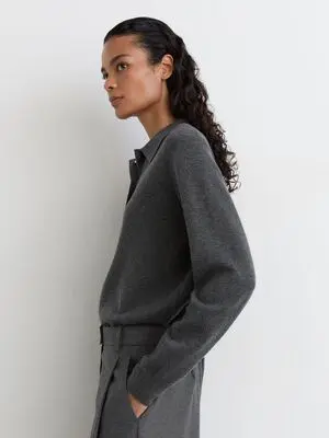 REISS Brooke Merino Wool Knitted Polo Jumper - Grey Marl