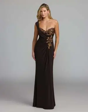 Mac Duggal Brown One Shoulder Embellished Jersey Gown