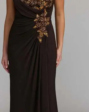 Mac Duggal Brown One Shoulder Embellished Jersey Gown