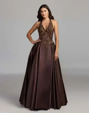 Mac Duggal Halter Neck Floral Embroidered A-line Gown