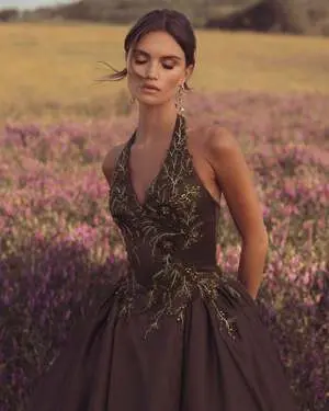 Mac Duggal Halter Neck Floral Embroidered A-line Gown