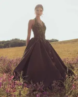 Mac Duggal Halter Neck Floral Embroidered A-line Gown