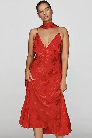 Maeve Clara Scarf-neck Jacquard Midi Dress - Red