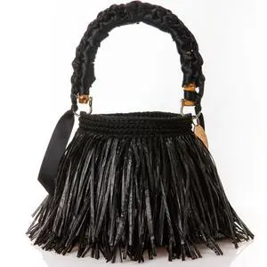 SPEIRA Bucket Bag With Raffia Fringes And Twisted Handle - Black