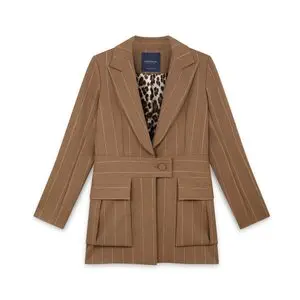 AMANDA THOMPSON COUTURE Harper Suit Jacket In Sand Pinstripe Wool
