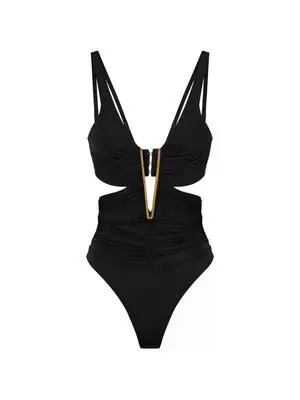 Elisabetta Franchi Draped Cut-out Bodysuit With Golden V-plaque