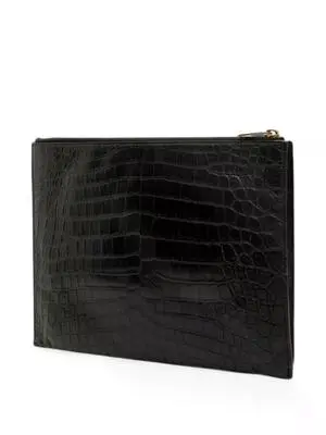 Saint Laurent Croc Embossed Leather Monogram Zipped Tablet Holder Clutch Bag