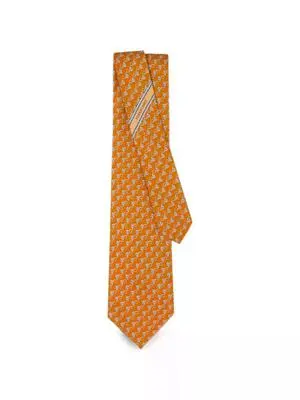 FERRAGAMO Gancini Owl Print Neck Tie - Orange
