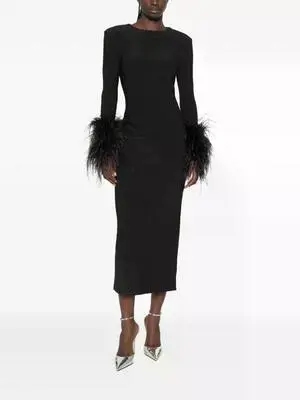 TWENTY FOURHAITCH Feather-trim Long-sleeve Midi Dress