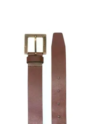 Dolce & Gabbana Gold Tone Logo Engraved Leather Belt - Brown