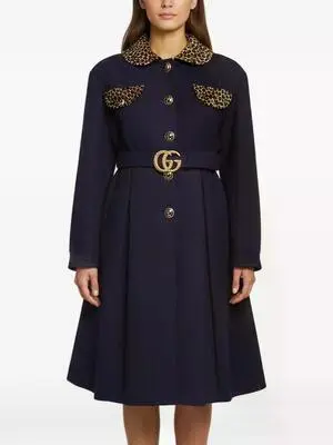 Gucci Leopard-print Trim Belted Wool Coat
