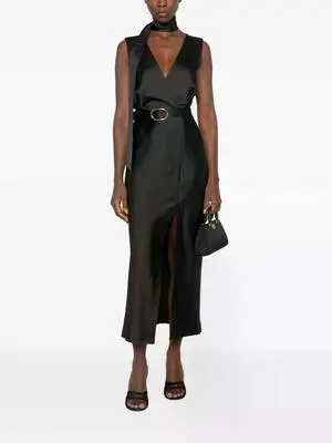 Imperial Belted Wrap-style Dress With Front Slit - Black
