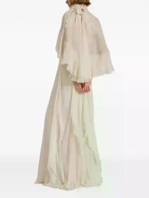 Alberta Ferretti Ruffled Silk Cape Maxi Dress - White