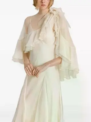 Alberta Ferretti Ruffled Silk Cape Maxi Dress - White