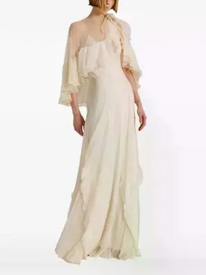 Alberta Ferretti Ruffled Silk Cape Maxi Dress - White
