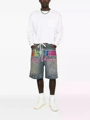 VALE FOREVER Crystal Embellished Embroidered Denim Shorts - Blue