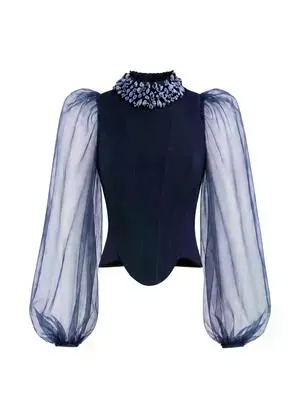 GEMY MAALOUF Beaded High-neck Top - Blue