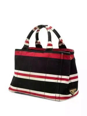 Prada 2013-2026 Small Canvas Canapa Logo Stripes Tote Satchel - Black