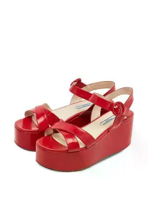 Prada Leather Platform Wedge Ankle Strap Sandals