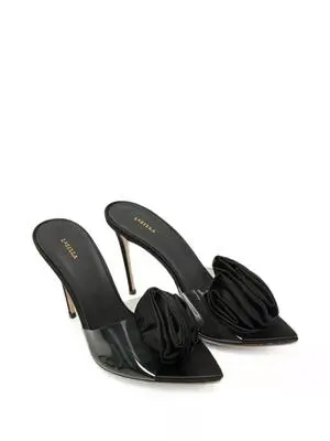 LE SILLA Satin Rose Appliqué Pointed Toe Stiletto Sandals - Black