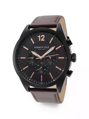 KENNETH COLE Chronograph Leather Strap 48mm Watch - Black