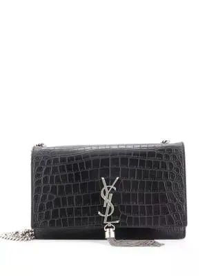 Saint Laurent Classic Monogram Tassel Crocodile Embossed Leather Medium Crossbody Bag - Black