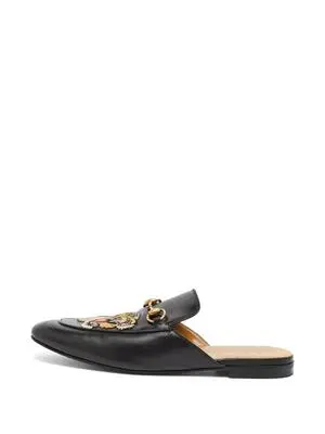 Gucci Princetown Flat Mules With Tiger Embroidery And Horsebit Detail - Black