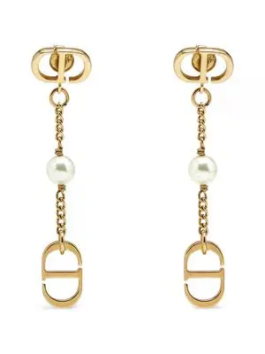Dior Tone Faux Pearl & Cd Logo Drop Earrings - Gold