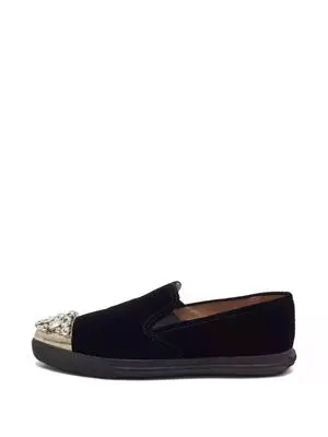 Miu Miu Velvet Crystal Embellished Loafers - Black