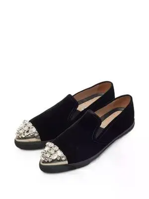 Miu Miu Velvet Crystal Embellished Loafers - Black