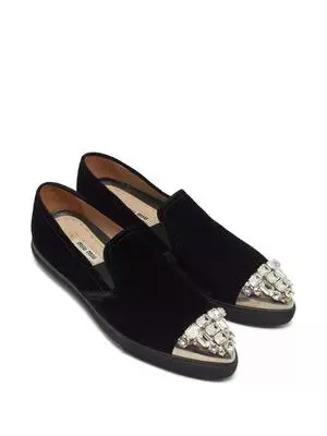 Miu Miu Velvet Crystal Embellished Loafers - Black