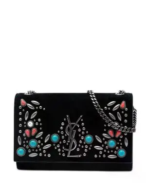 SAINT LAURENT 2017 Small Suede Monogram Stone Studded Kate Crossbody Bag